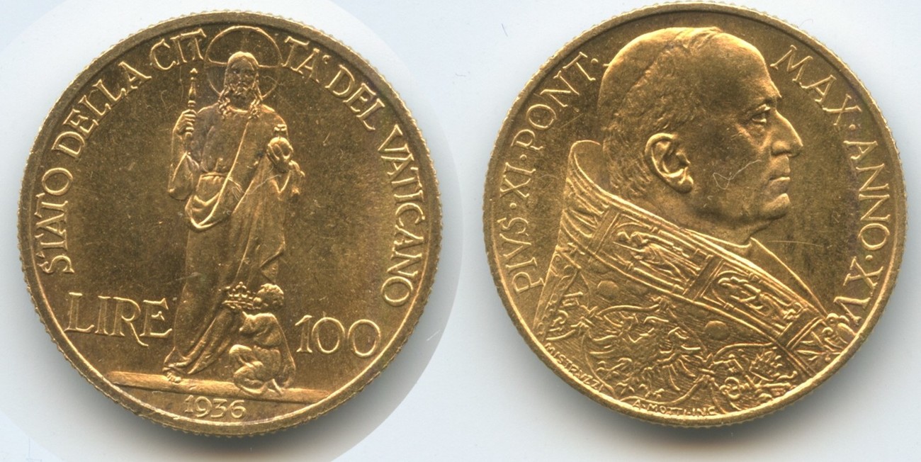 Vatikan 100 Lire Gold 1936-XV M#5563 - Papst Pius XI. fast Unzirkuliert | MA-Shops