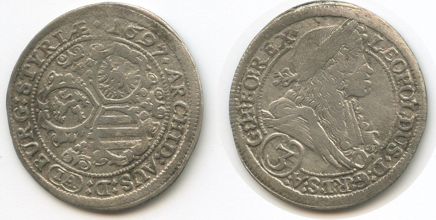 RDR Österreich Steiermark 3 Kreuzer (Groschen) Silber 1697 IA Graz G14413 - Leopold I. 1658-1705 ...