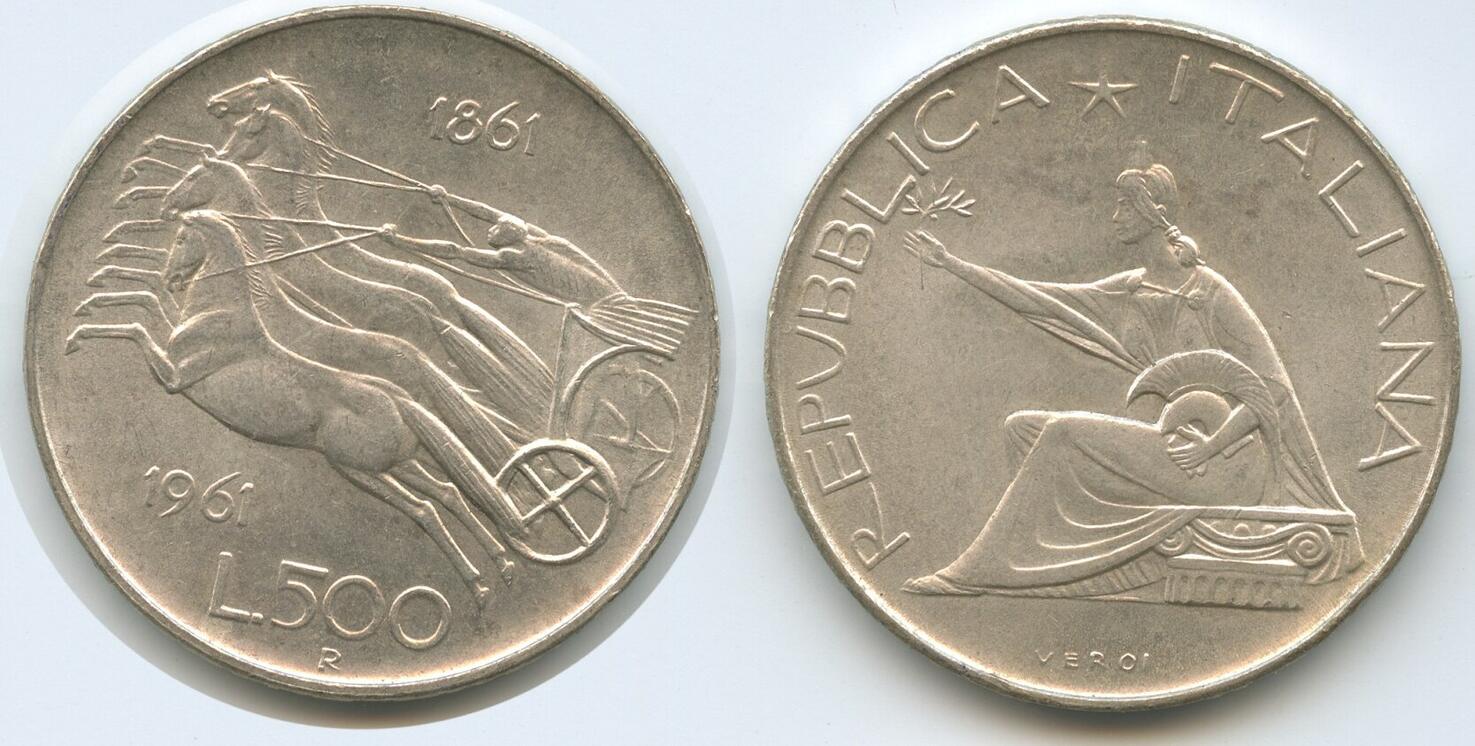Italien 500 Lire 1961 R G7627 - Quatriga Italian Unification Centennial Italy Italia Vorzüglich ...