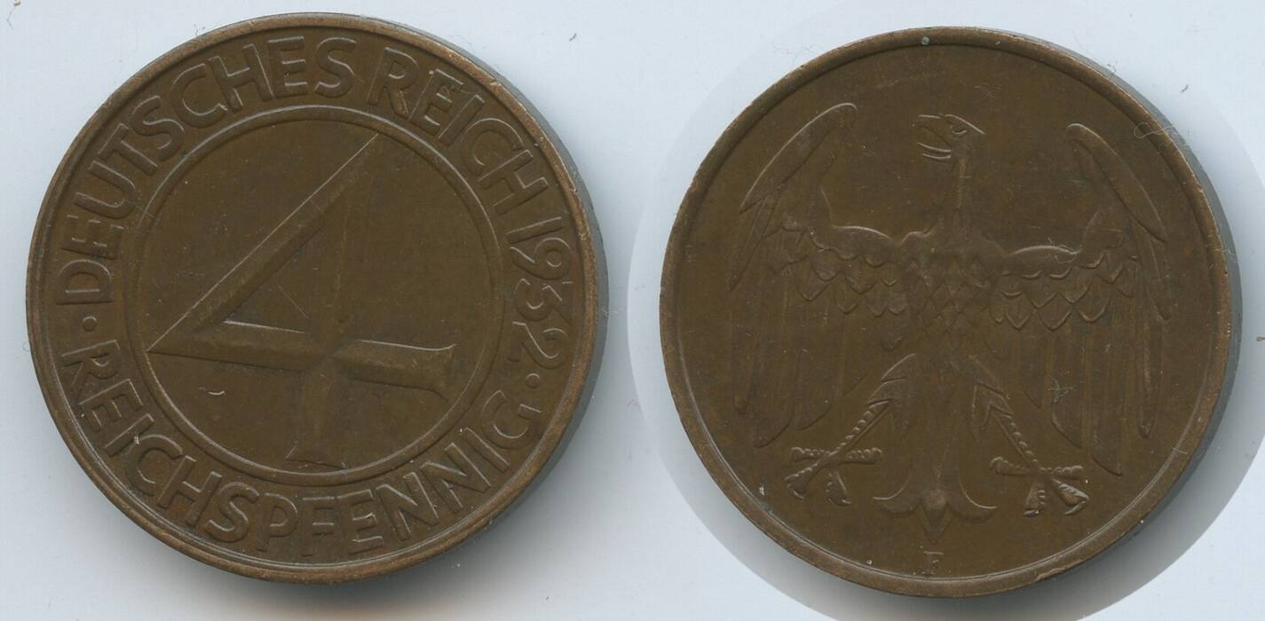 Deutsches Reich Weimar 4 Reichspfennig 1932 F Stuttgart G10197 ...