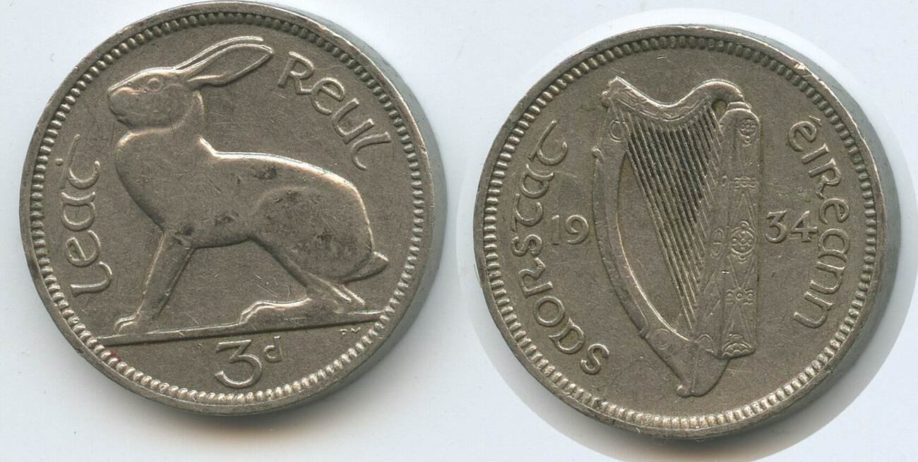 Irland 3 Pingin / ½ Reul (3 Pence) 1934 G6432 - Hase Hare Ireland Éire ...