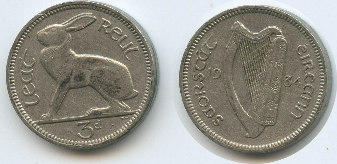 Irland 3 Pingin / ½ Reul (3 Pence) 1934 G6435 - Hase Hare Ireland Éire ...