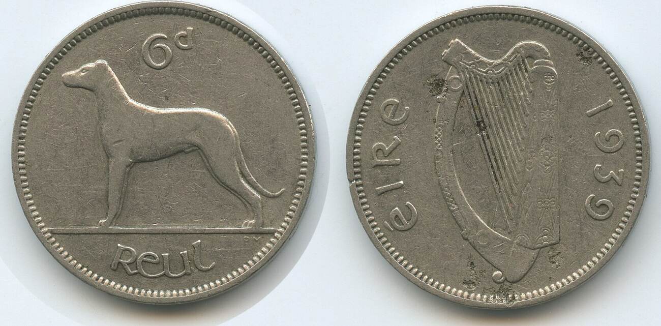 Irland 6 Pence (6 Pingin / 1 Reul) 1928 G0690 - Hund Ireland Éire Sehr ...