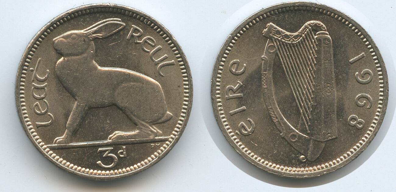 Irland 3 Pingin / ½ Reul (3 Pence) 1968 G0688 - Hase Hare Ireland Éire ...