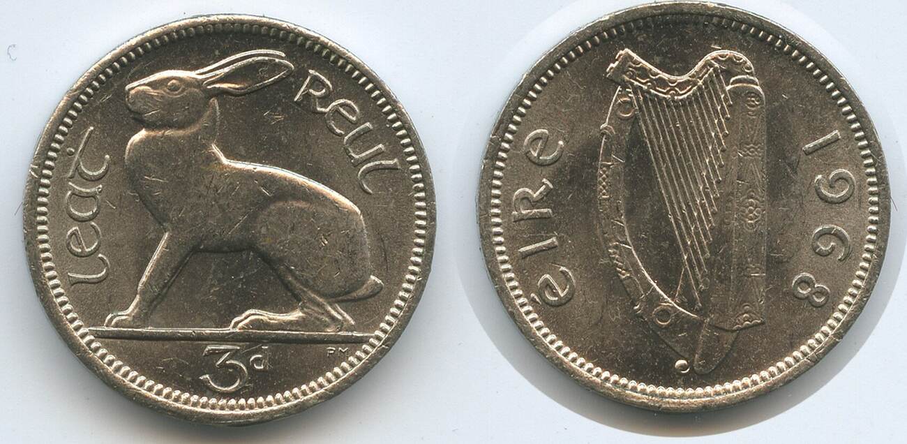 Irland 3 Pingin / ½ Reul (3 Pence) 1968 G0687 - Hase Hare Ireland Éire ...