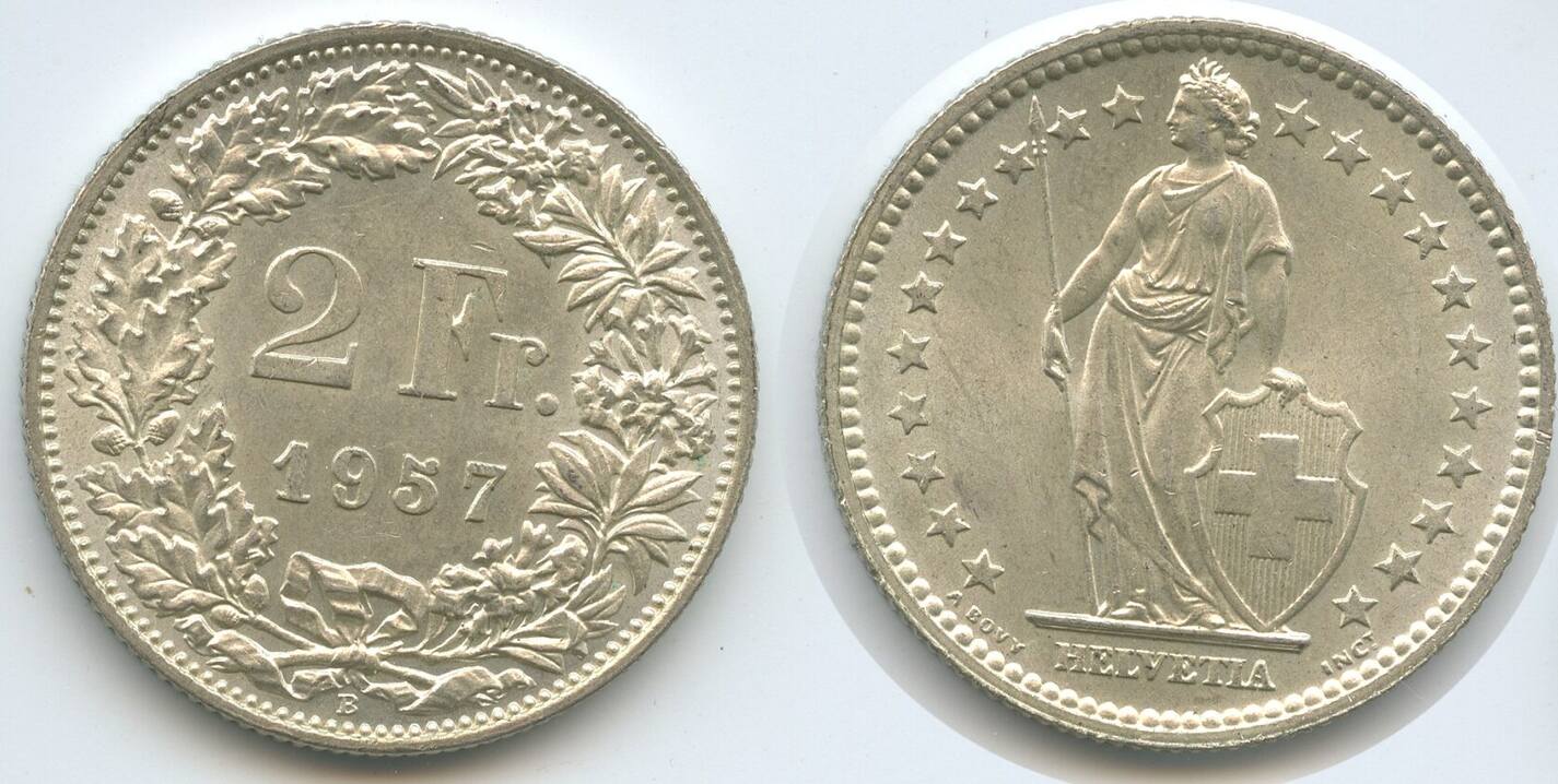 Schweiz Eidgenossenschaft 2 Franken Silber 1957 B Bern G11400 - Switzerland Helvetia ...