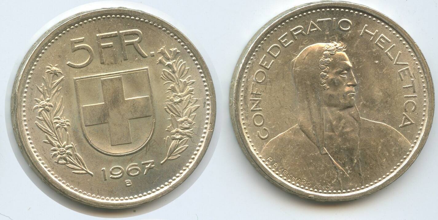 Schweiz Eidgenossenschaft 5 Franken (5 Francs) 1967 B Bern H0517 - Herdsman Hirte Helvetia ...