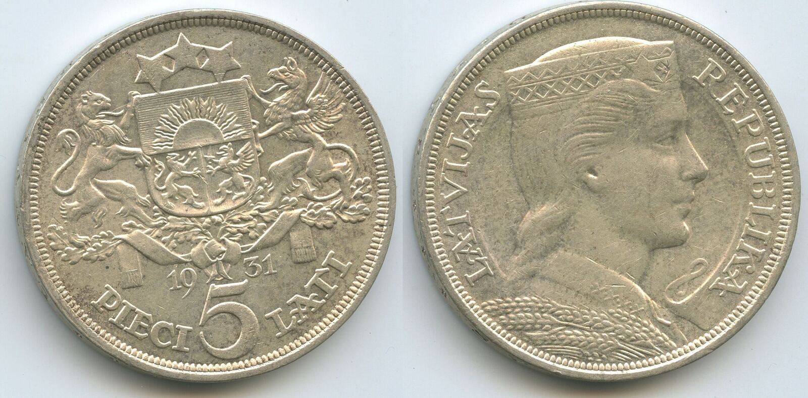 Lettland 5 Lati 1931 GS415 - Maiden's head Latvija Latvia Republik 1918 ...