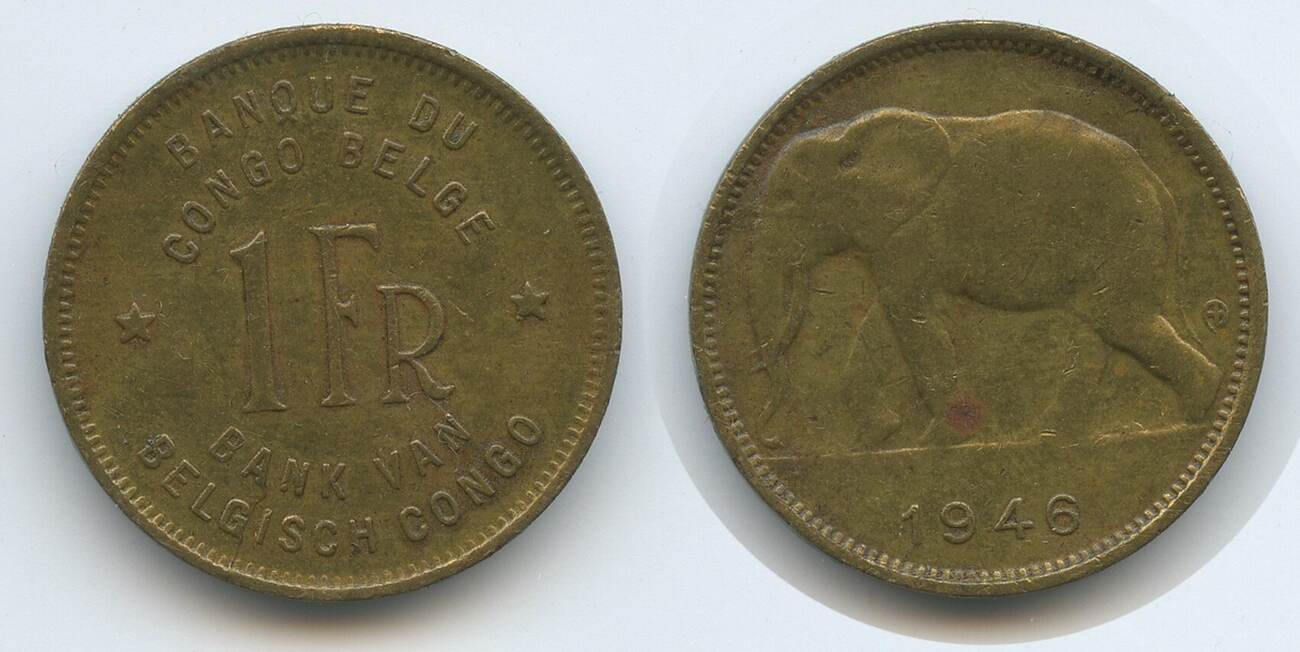 Belgisch Kongo 1 Franc 1946 G15330 - Elefant Belgian Congo Leopold III. 1934-1951 Sehr schön ...