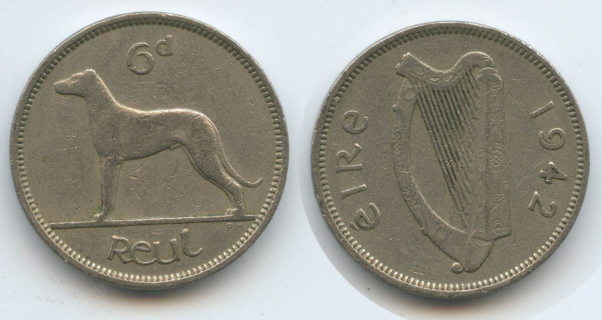 Irland 6 Pence (6 Pingin / 1 Reul) 1942 G6420 - Hund Ireland Éire Sehr ...