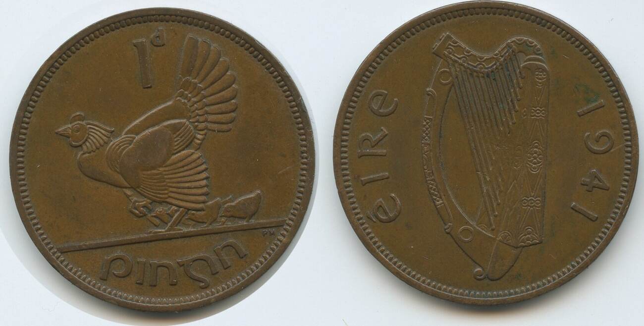 Irland One Penny 1941 G6427 - Hen with chicks Cláirseach or Gaelic harp ...