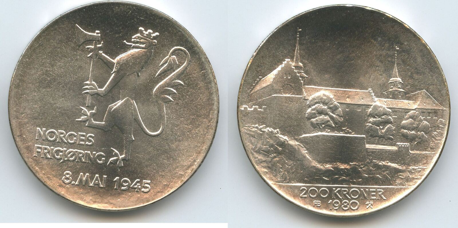 Norwegen 200 Kroner Silber 1980 M#5659 - Norway´s liberation 8th May 1945 - Akershus fortress ...
