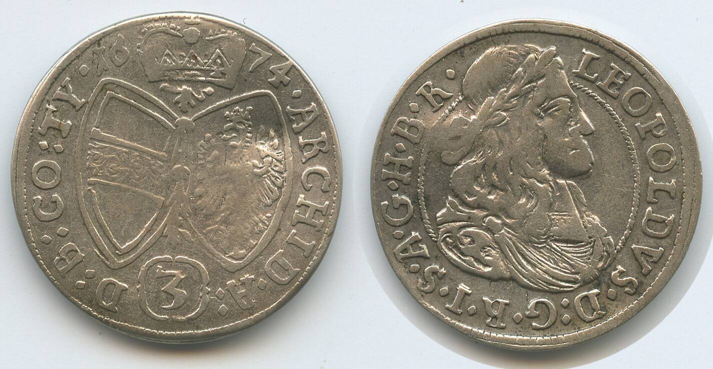 RDR Österreich Hall in Tirol 3 Kreuzer (Groschen) 1674 H1289 - Leopold I. 1658-1705 Sehr schön ...
