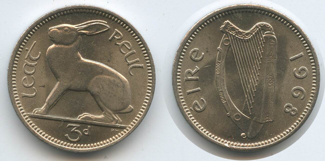 Irland 3 Pingin / ½ Reul (3 Pence) 1968 G6439 - Hase Hare Ireland Éire ...