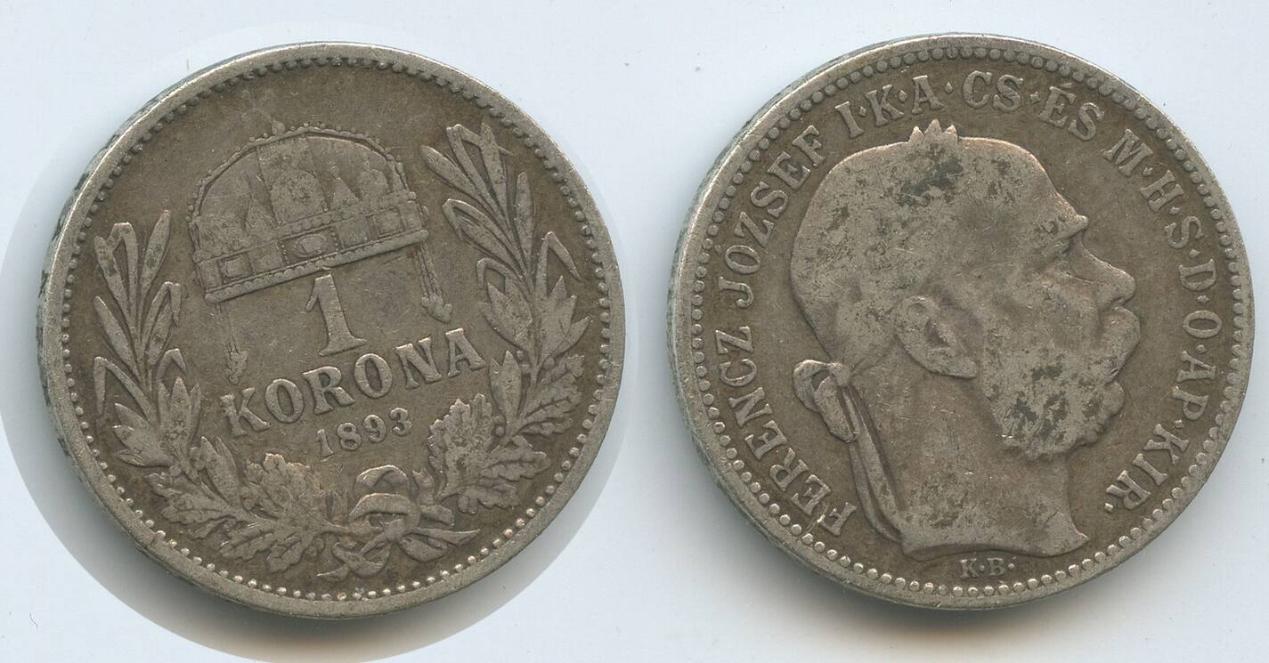 Ungarn Kaiserreich 1 Korona (Krone) Silber 1893 KB Kremnitz G5703 - Kaiser Franz Joseph I. 1848 ...