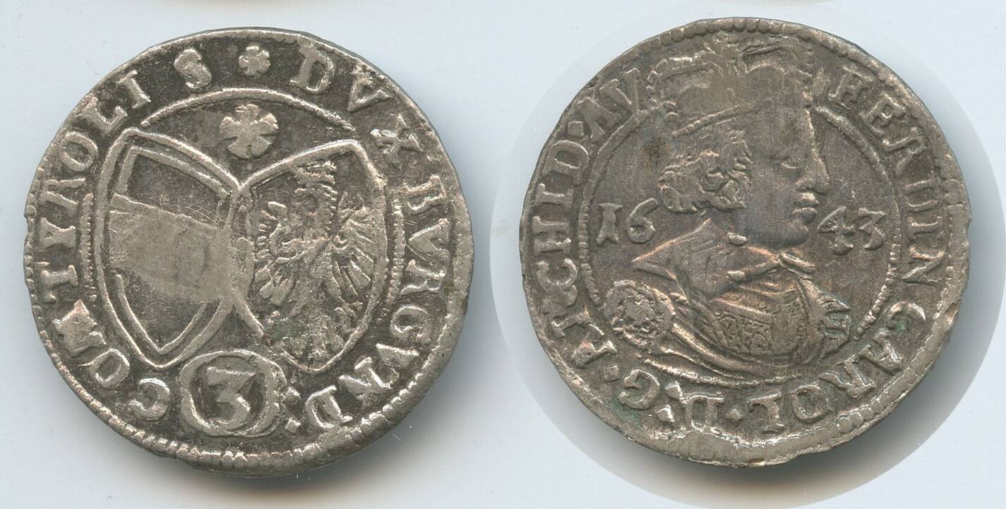 RDR Österreich 3 Kreuzer (Groschen) 1643 H0734 - Hall in Tirol - Erzherzog Ferdinand Karl 1632 ...