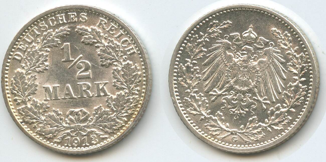 Deutsches Reich Kaiserreich ½ Mark Silber 1913 G Karlsruhe M#6808 - Wilhelm II. Germany Empire ...