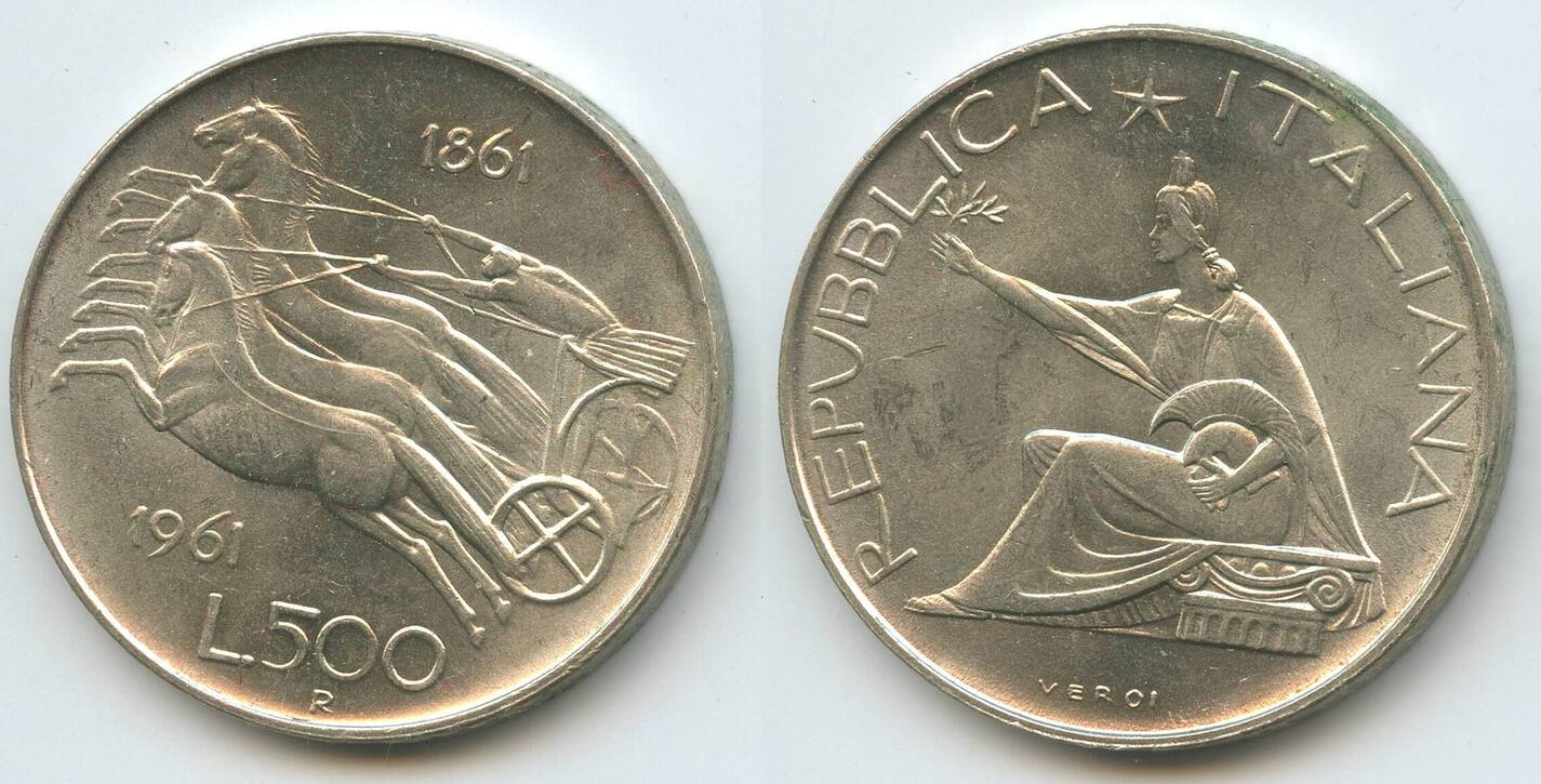 Italien Republik 500 Lire 1961 R H0313 - Quatriga Italian Unification Centennial Italy Italia ...