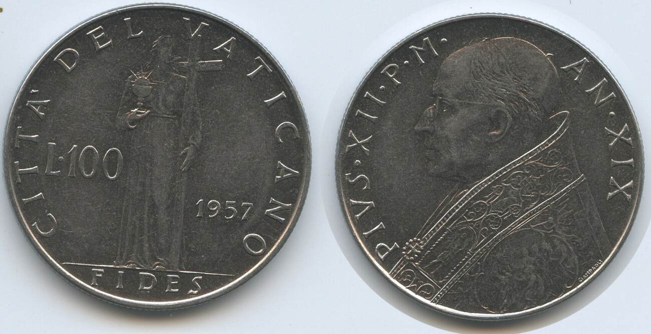Vatikan Italien-Kirchenstaat 100 Lire 1957-XIX G1528 - Papst Pius XII. 1939-1958 Vaticano Fast ...