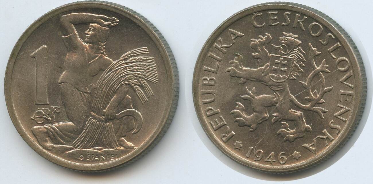 Tschechoslowakei 1 Koruna 1946 G0597 - Czechoslovakia Czechoslovak Republic Fast Unzirkuliert ...