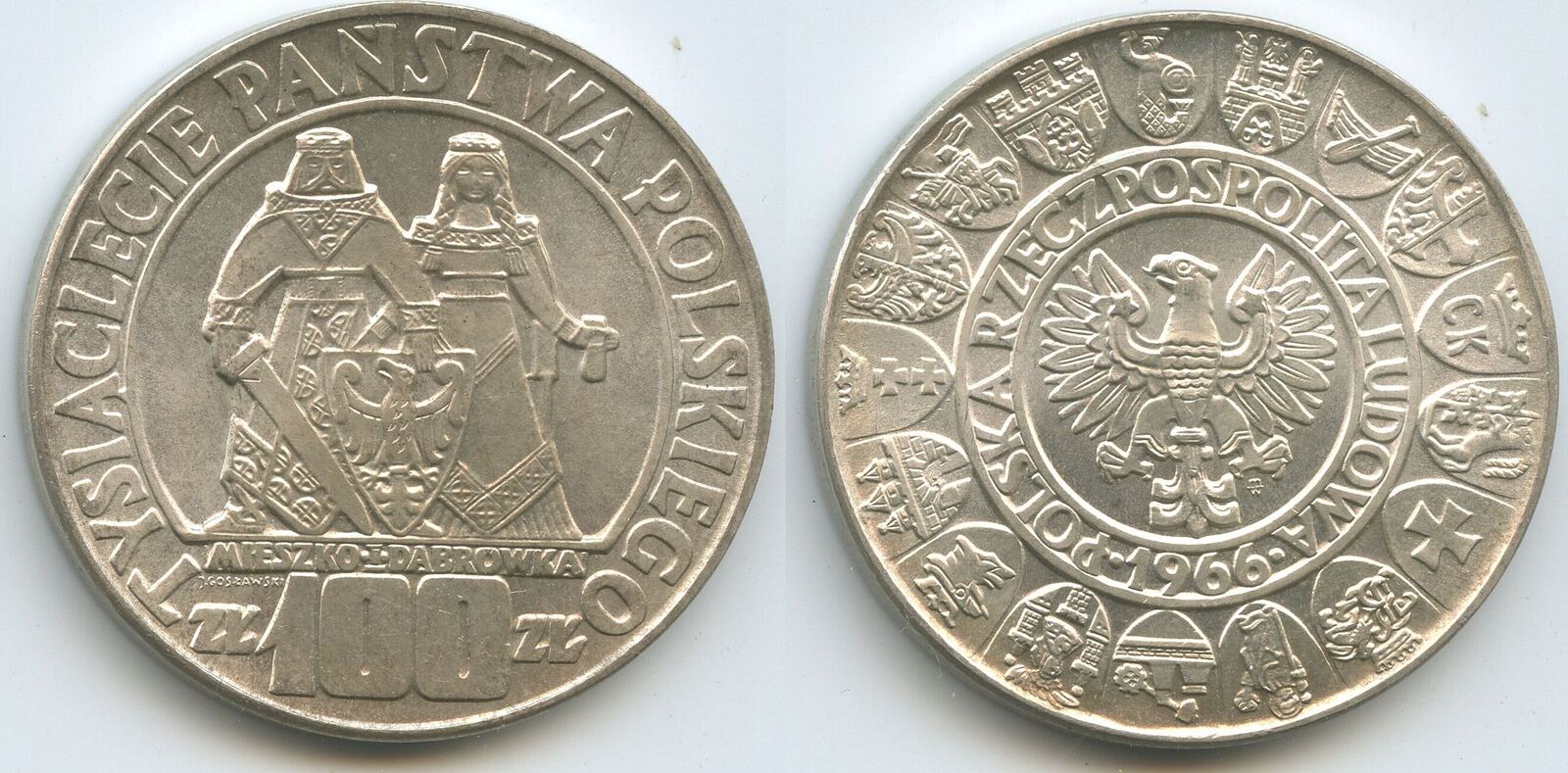 Polen 100 Zlotych (100 Zloty) Silber 1966 M#5716 - Polish Millennium Poland Unzirkuiert, leichte ...