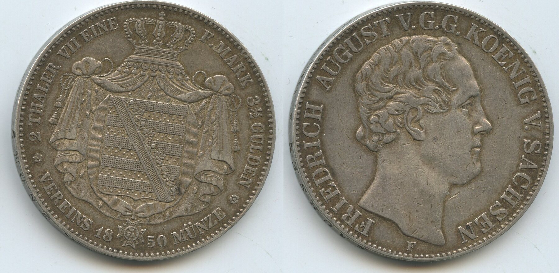 Sachsen-Albertinische Linie 2 Thaler / 3½ Gulden 1850 F Dresden S0168 ...