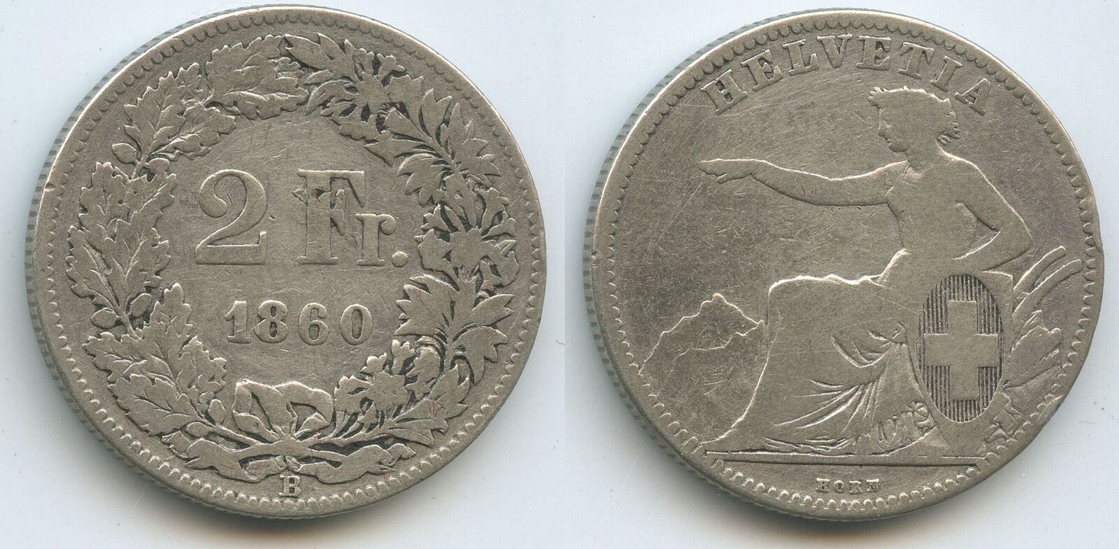 Schweiz Eidgenossenschaft 2 Franken Silber 1860 B Bern H0870 - RAR Seated Helvetia Confédération ...