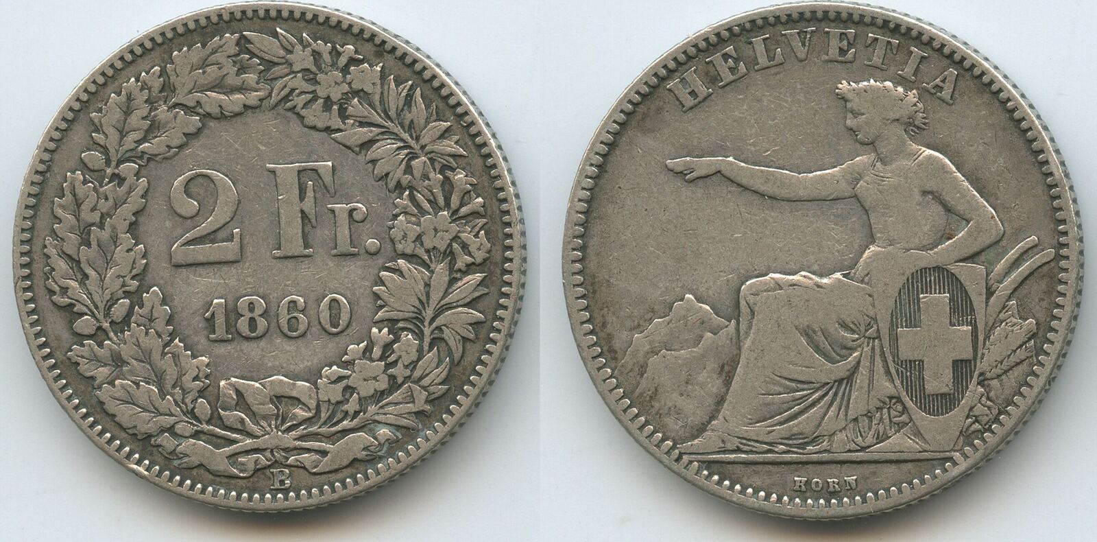 Schweiz Eidgenossenschaft 2 Franken Silber 1860 B Bern H0871 - RAR Seated Helvetia Confédération ...