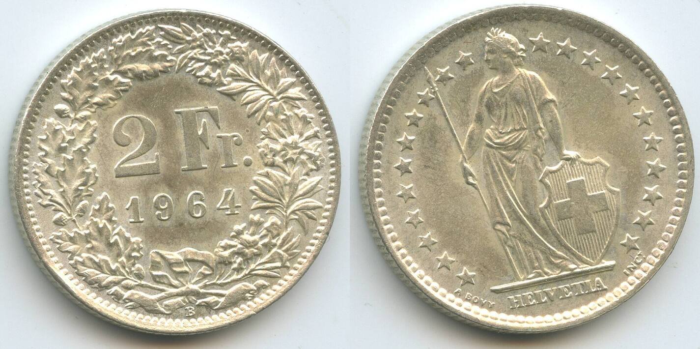 Schweiz Eidgenossenschaft 2 Franken Silber 1964 B Bern H0877 - Helvetia standing Confédération ...