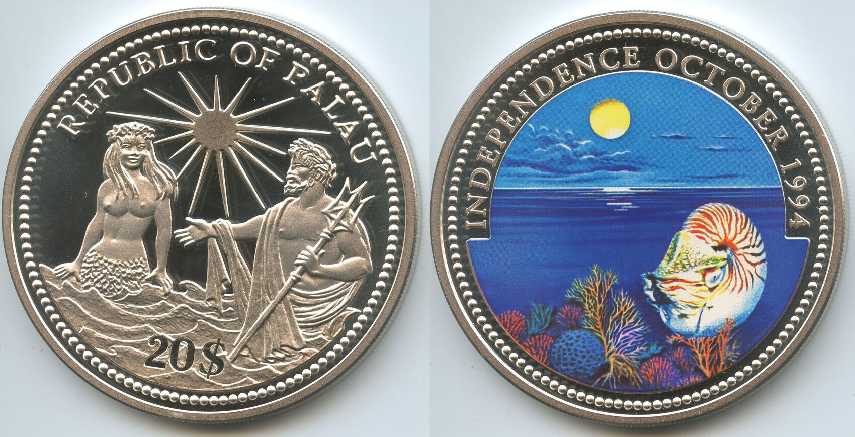 Palau 20 Dollars Silber 5 Unzen 1994 M#419 - Independence - Paper nautilus - Marine Life ...
