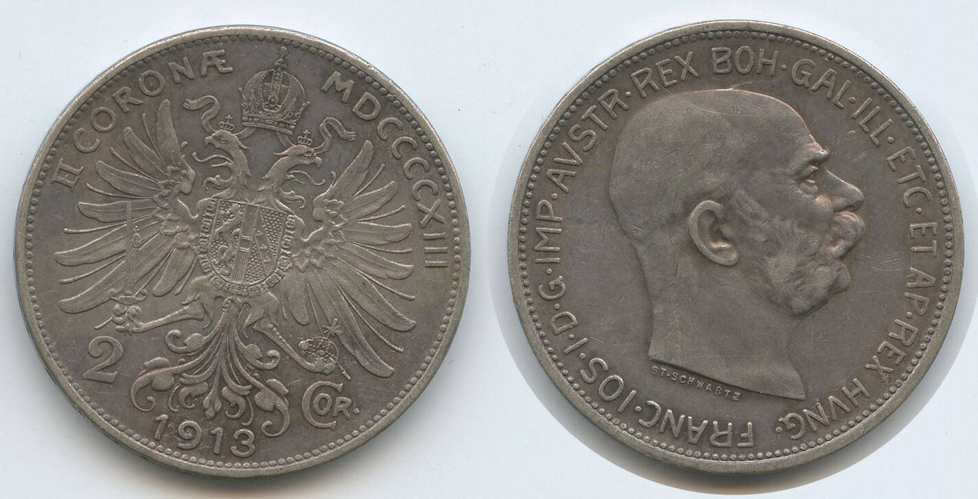 Österreich Kaiserreich 2 Corona (Kronen) Silber 1913 Wien G5738 - Franz ...