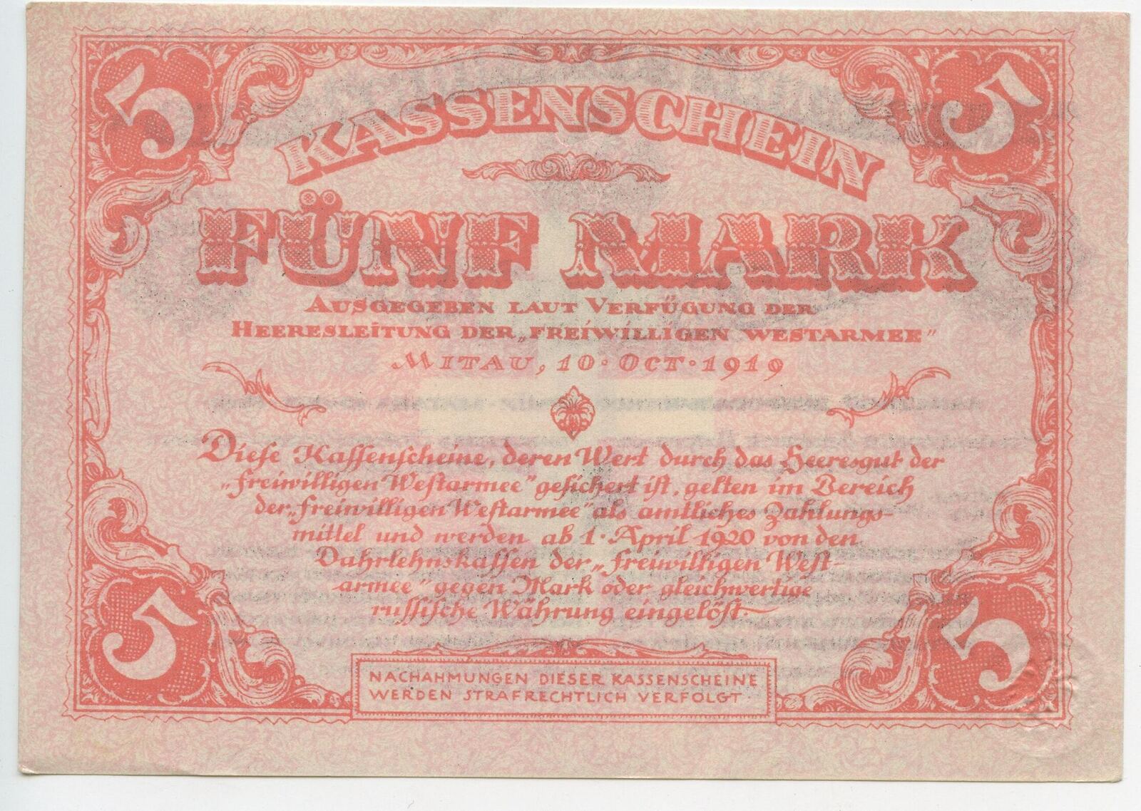 Lettland Jelgava Mitau 5 Mark Geldschein 1919 GB063 - Freiwillige ...