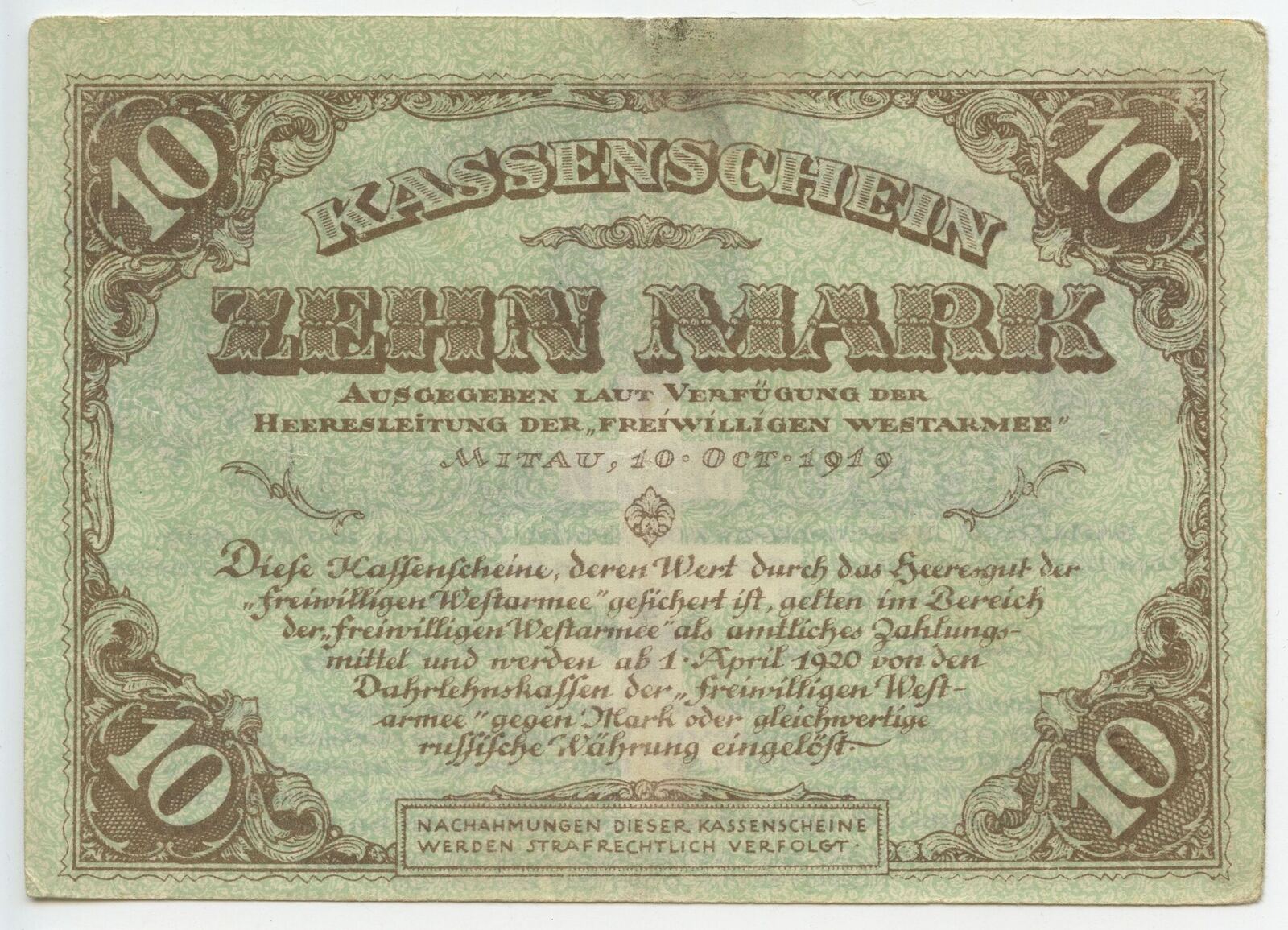 Lettland Jelgava Mitau 10 Mark Geldschein 1919 GB025 - Freiwillige ...