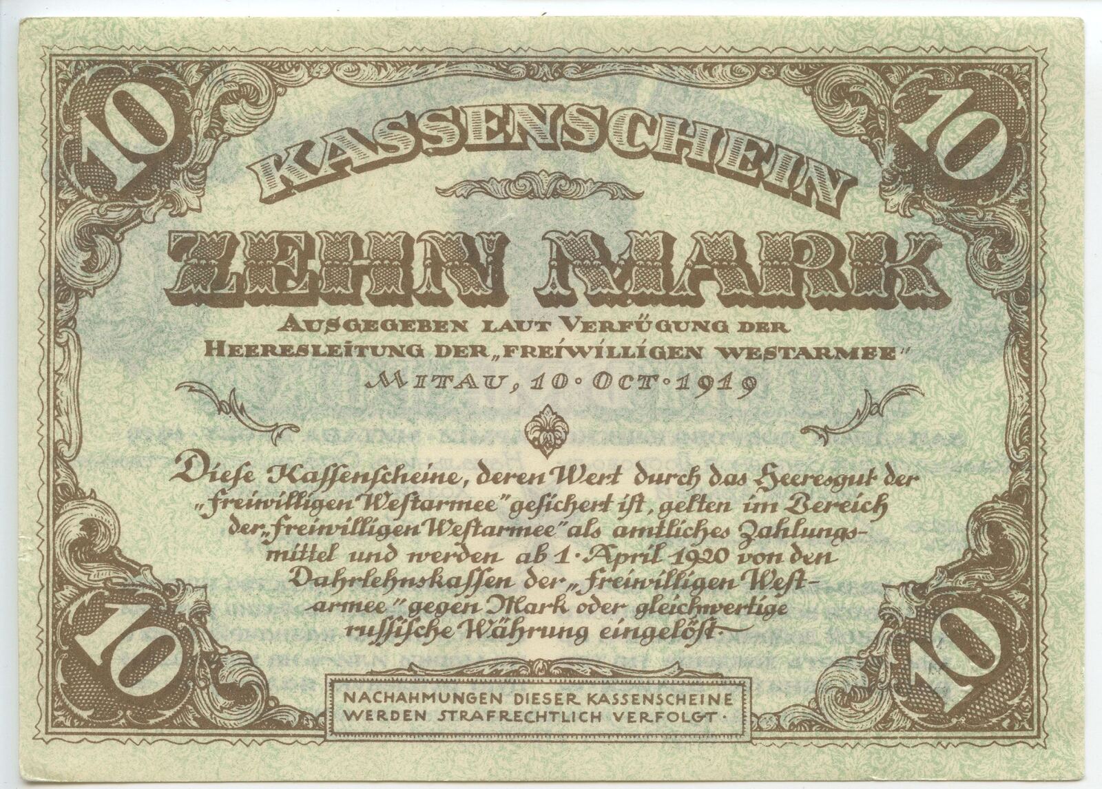 Lettland Jelgava Mitau 10 Mark Geldschein 1919 GB024 - Freiwillige ...