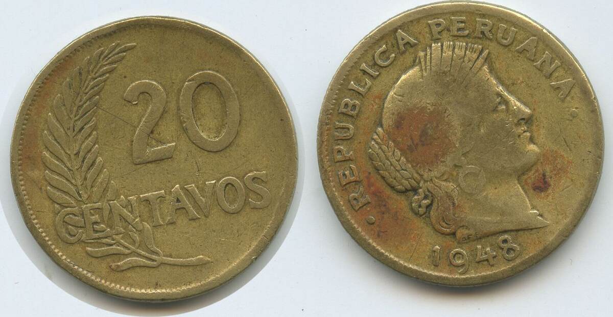 Peru Lima 20 Centavos 1948 G9880 - Liberty Republica Peruana Sehr schön ...