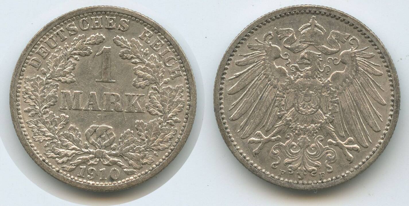 Deutsches Reich Kaiserreich 1 Mark Silber 1910 F Stuttgart G10306 - Germany Empire Wilhelm II ...