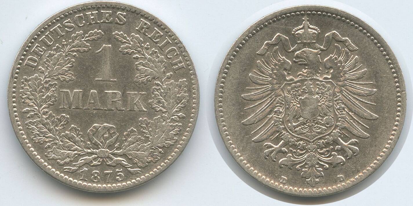 Deutsches Reich Kaiserreich 1 Mark Silber 1875 D München G10584 - Germany Empire Wilhelm I. Sehr ...