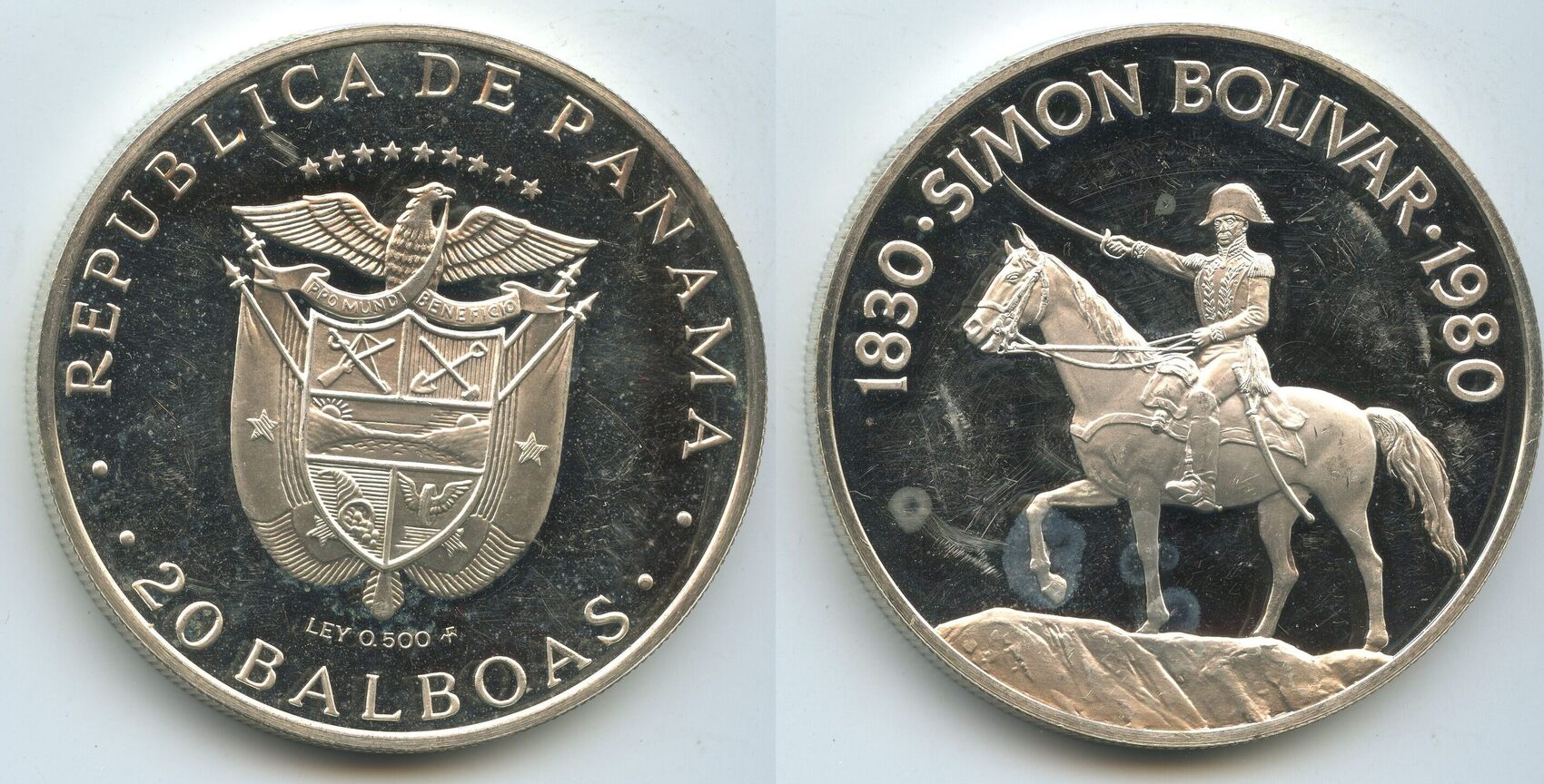 Panama 20 Balboas Silber 1980 GS432 - 150th death of Simon Bolivar 1783 ...