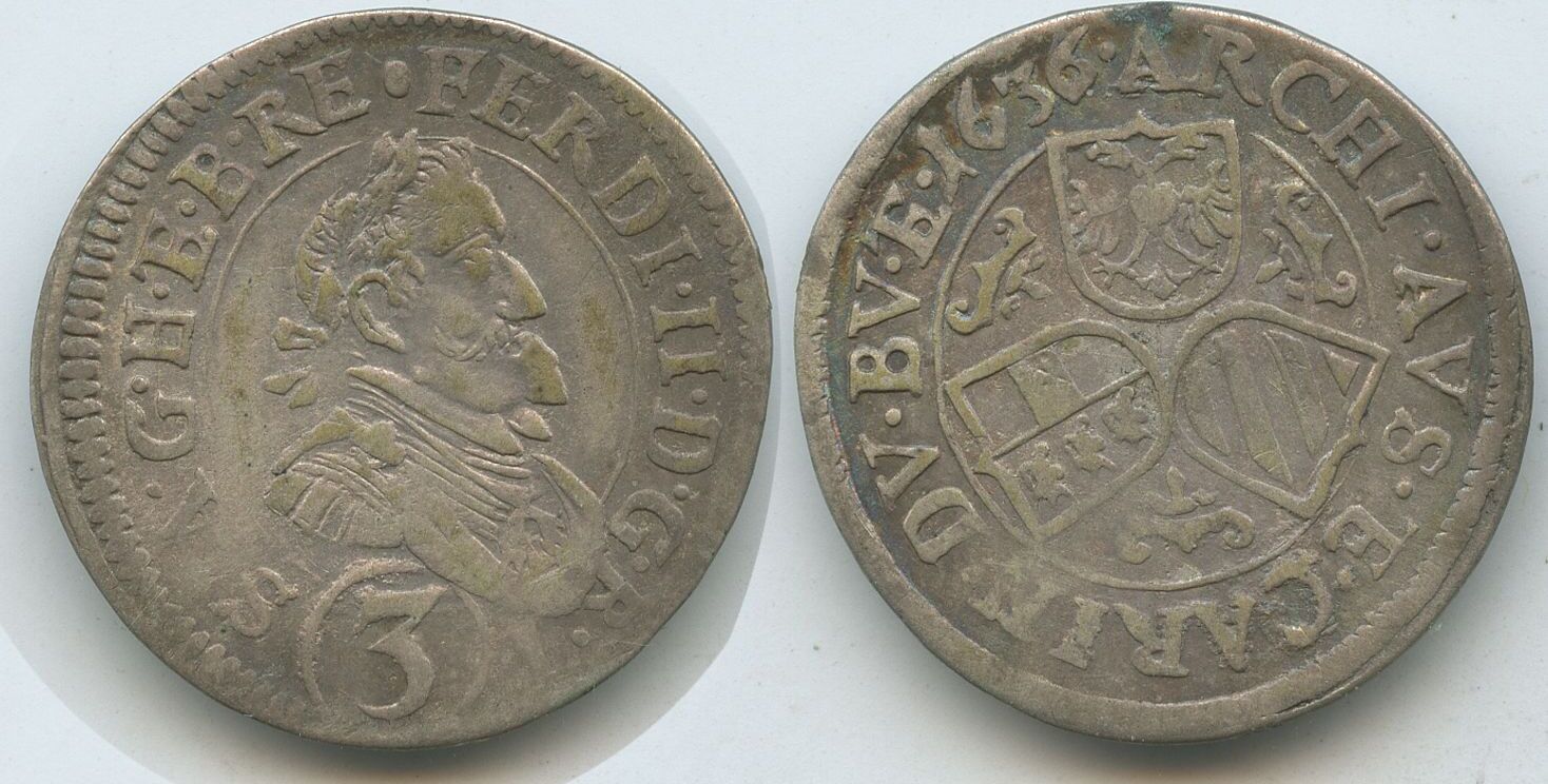 RDR Kärnten Sankt Veit 3 Kreuzer (Groschen) Silber 1636 H1092 - Ferdinand II. als Kaiser 1619 ...
