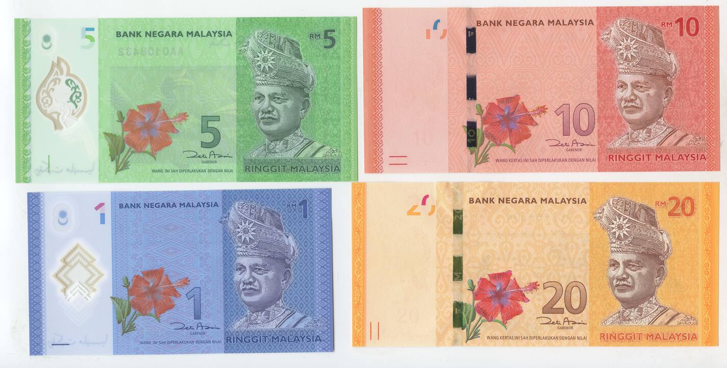 Malaysia 4 Stück Banknoten Lot 2011-2021 GB453 - 1 Ringgit, 5 Ringgit ...