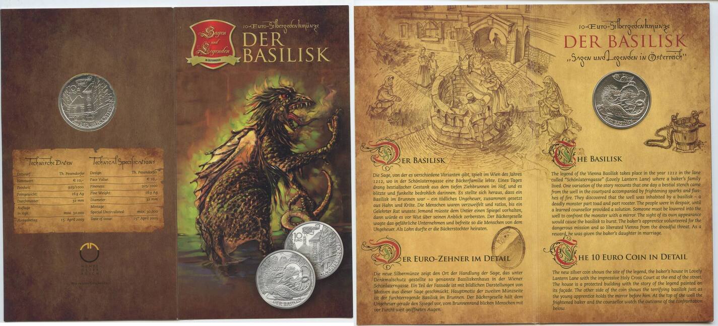 Österreich 10 Euro Silber 2009 GN282 - Schönlaterngasse Wien Basilisk ...