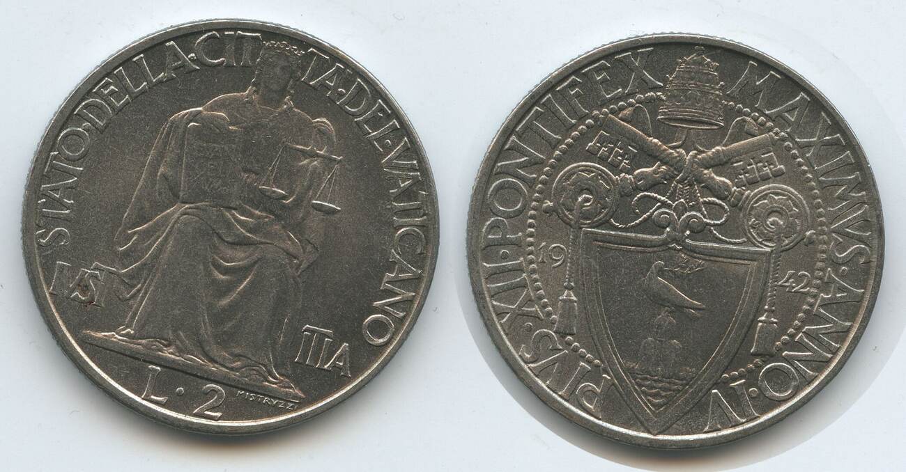 Vatikan Italien-Kirchenstaat 2 Lire 1942-IV G8526 - Papst Pius XII. 1939-1958 Vaticano Fast ...