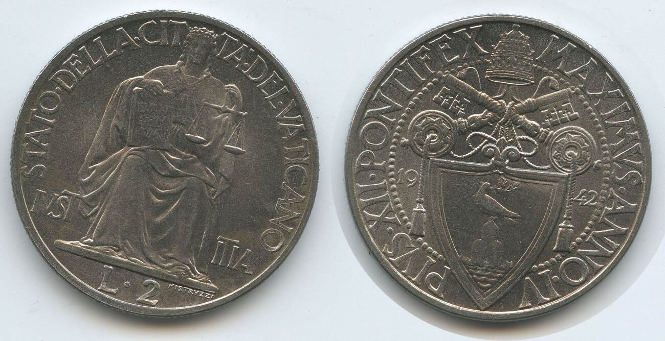 Vatikan Italien-Kirchenstaat 2 Lire 1942-IV G8533 - Papst Pius XII. 1939-1958 Vaticano Fast ...