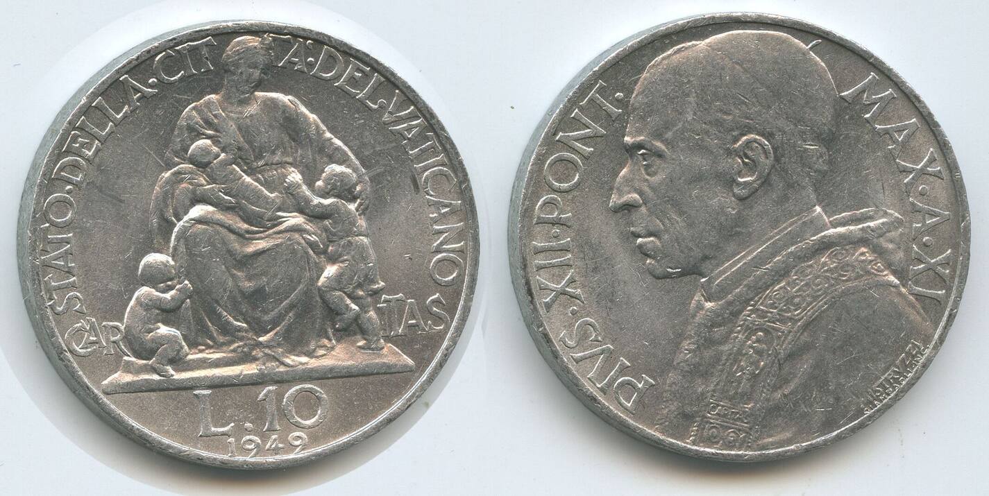 Vatikan 10 Lire 1949-XI G1754 - Papst Pius XII. 1939-1958 Vatican City Sehr schön - Vorzüglich ...