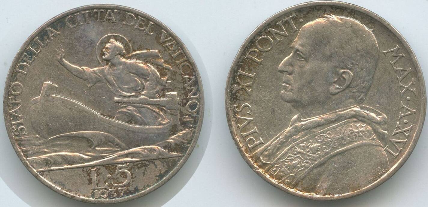 Vatikan Italien-Kirchenstaat 5 Lire Silber 1937-XVI G8914 - Papst Pius XI. 1922-1939 Vatican ...