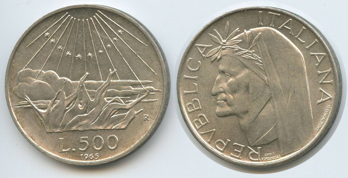 Italien Republik 500 Lire Silber 1965 R Rom M#7589 - Birth of Dante Alighieri Italy Vorzüglich ...