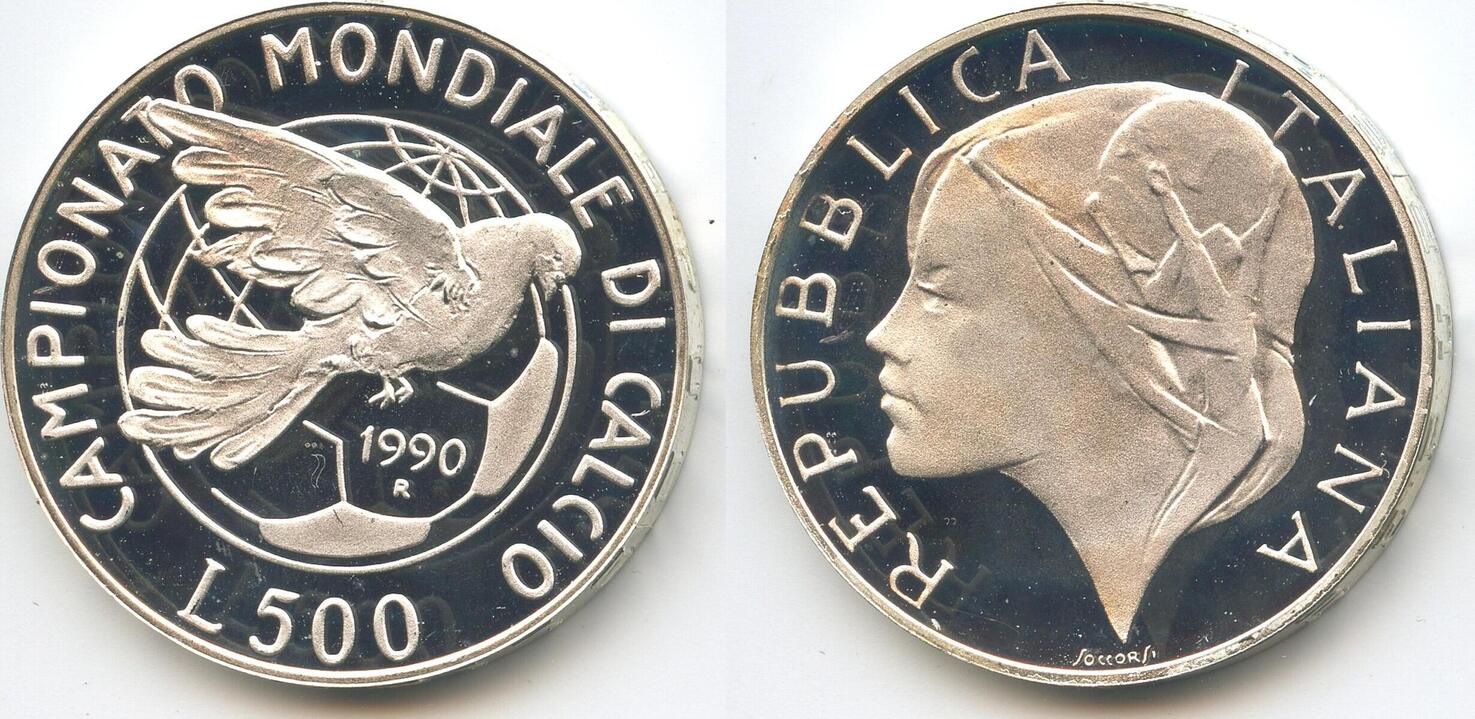 Italien Republik 500 Lire Silber 1990 R Rom M#1009 - Taube Fussball WM - FIFA World Cup 1990 ...