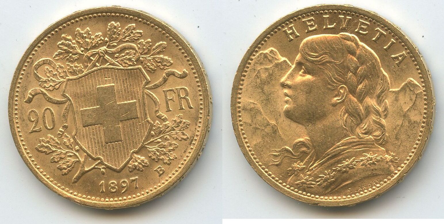Schweiz Eidgenossenschaft 20 Franken Gold (20 Francs) 1897 B Bern M#5447 - Vreneli - Federal ...