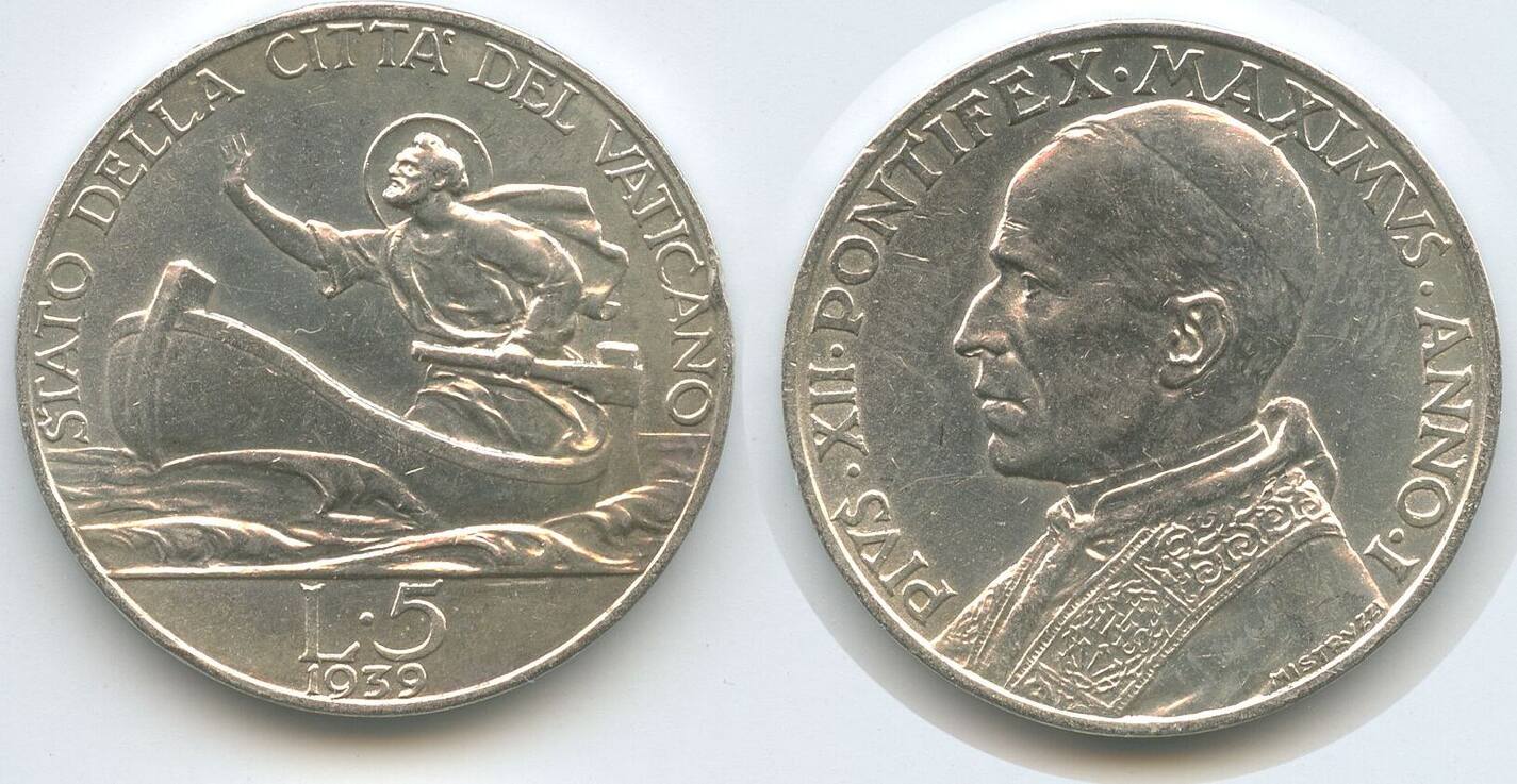 Vatikan Italien-Kirchenstaat 5 Lire Silber 1939-XI M#6757 - Papst Pius XII. 1939-1958 Vatican ...