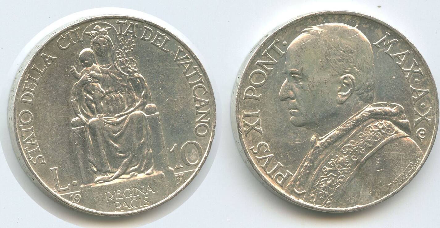 Vatikan Italien-Kirchenstaat 10 Lire Silber 1931-X M#6520 - Papst Pius XI. 1922-1939 Vatican ...